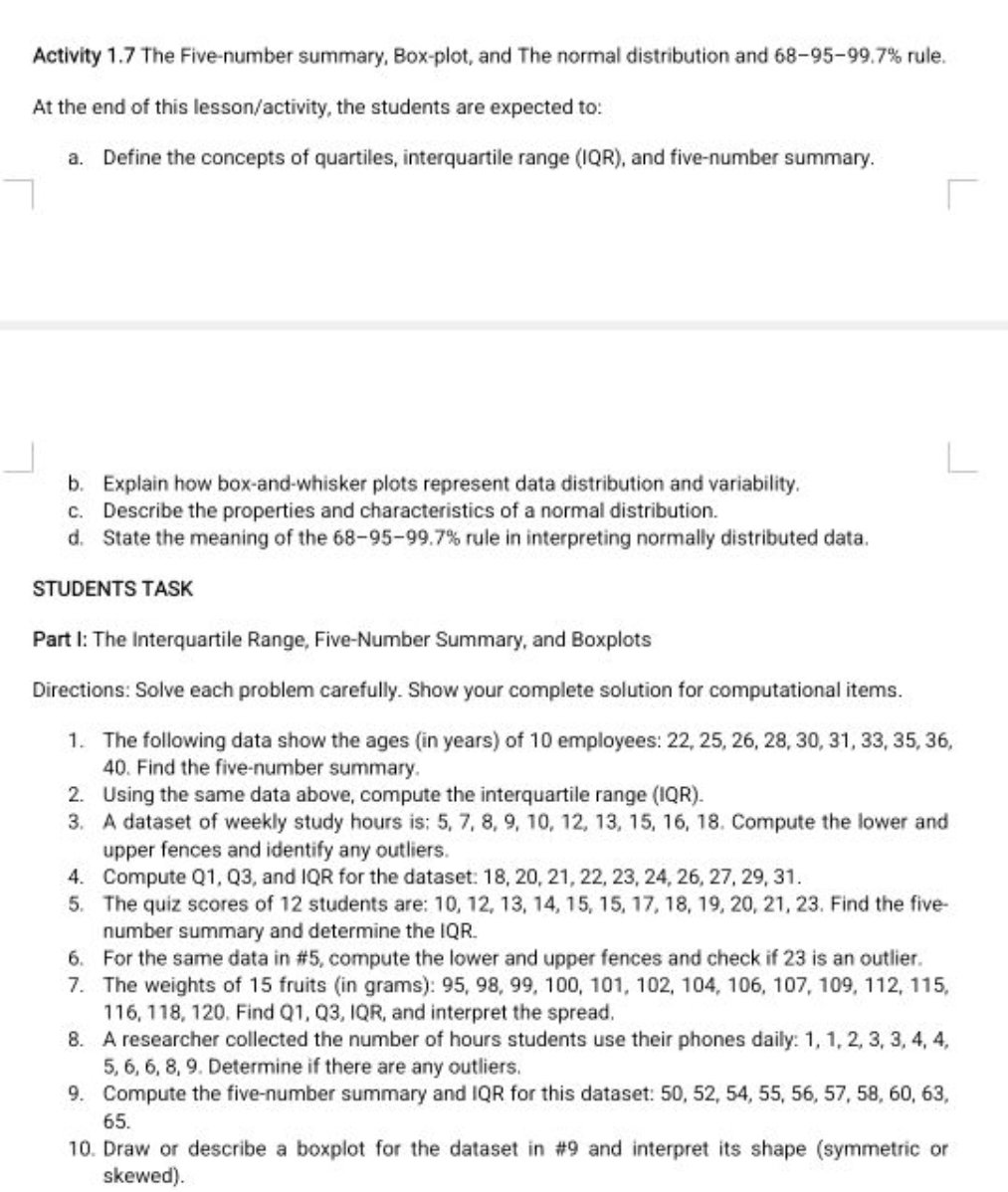 Activity 1.7 The Five-number summary, Box-plot, and The normal distributi..
