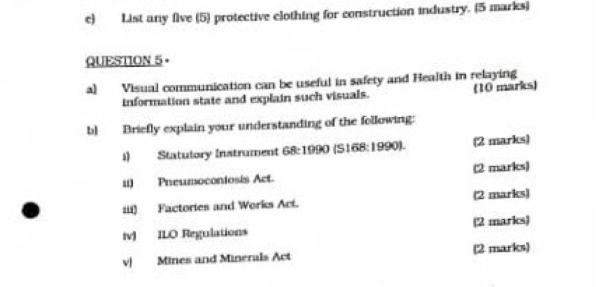 e) List any five (5) protective clothing for construction industry. (5 ma..