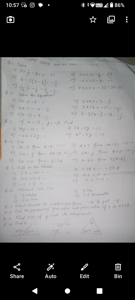 Here is a math practice sheet with 10 questions. Please provide solutions..