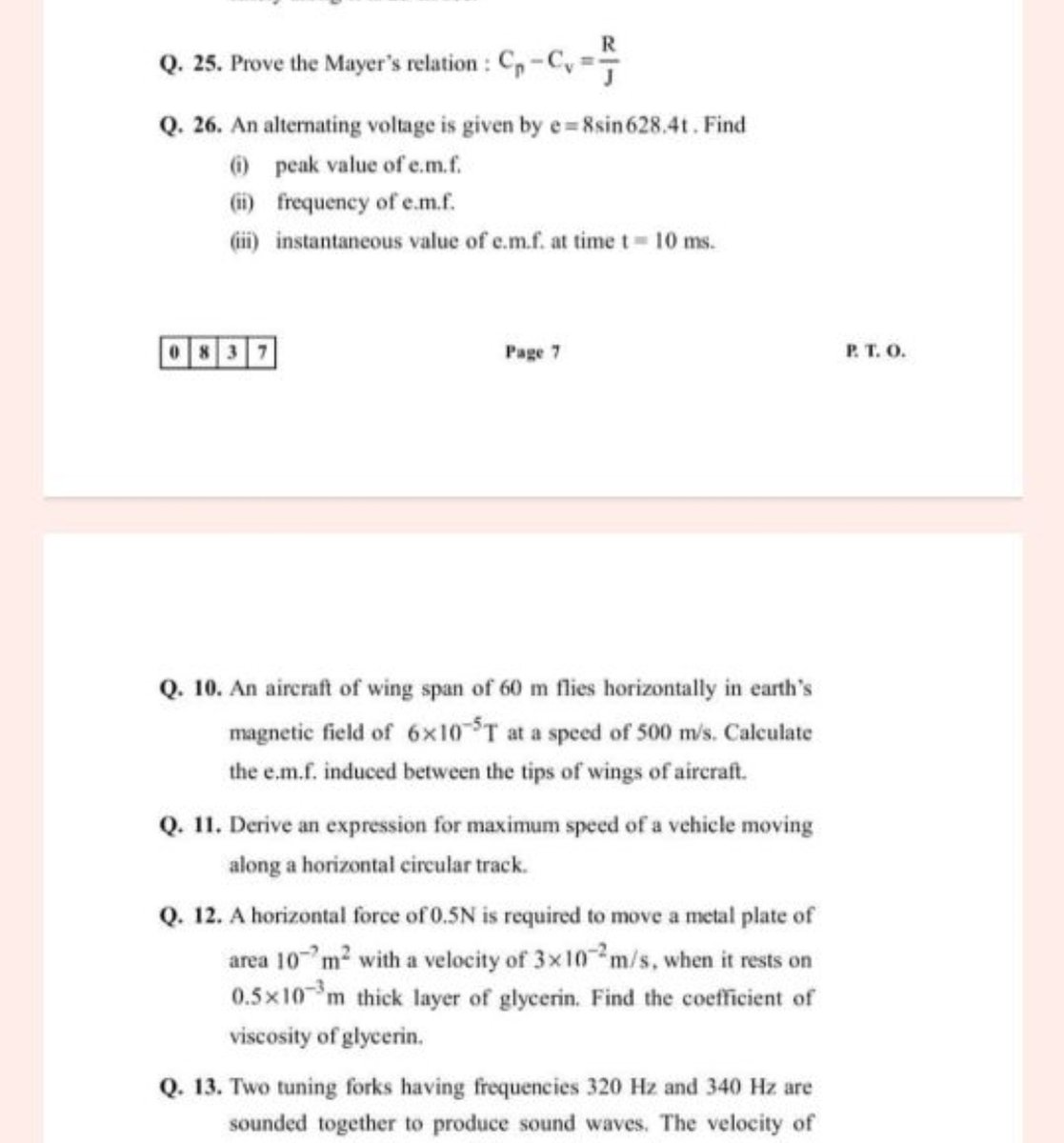 Q. 25. Prove the Mayer's relation: C_p - C_v = \frac{R}{J} Q. 26. An alt..