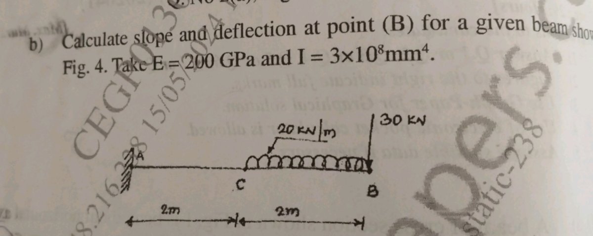 Calculate slope and deflection at point (B) for a given beam shown in Fig..