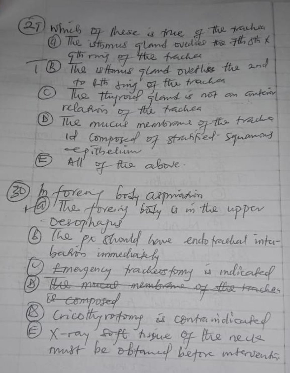 Which of these is true of the trachea? A. The isthmus gland overlies the..