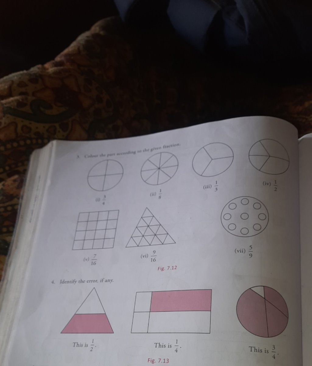 Colour the parts according to the given fraction. (i) [Diagram of a circ..