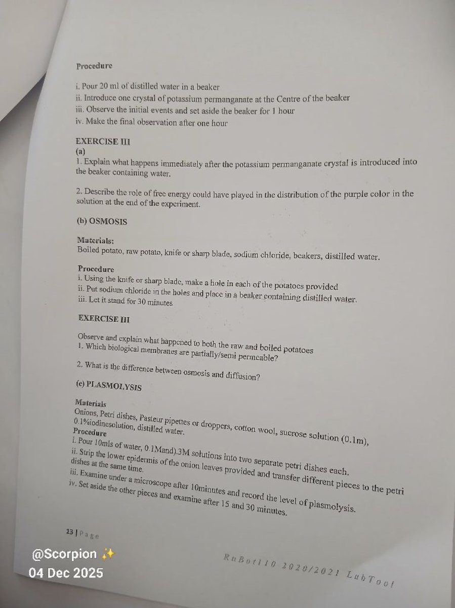 EXERCISE III (a) Explain what happens immediately after the potassium per..