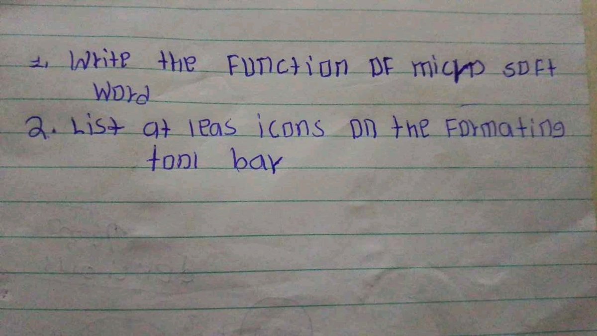 Write the function of Microsoft Word. List at least icons on the Formatti..