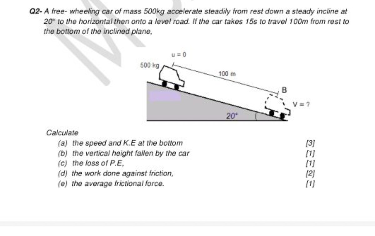 Q2- A free-wheeling car of mass 500kg accelerate steadily from rest down