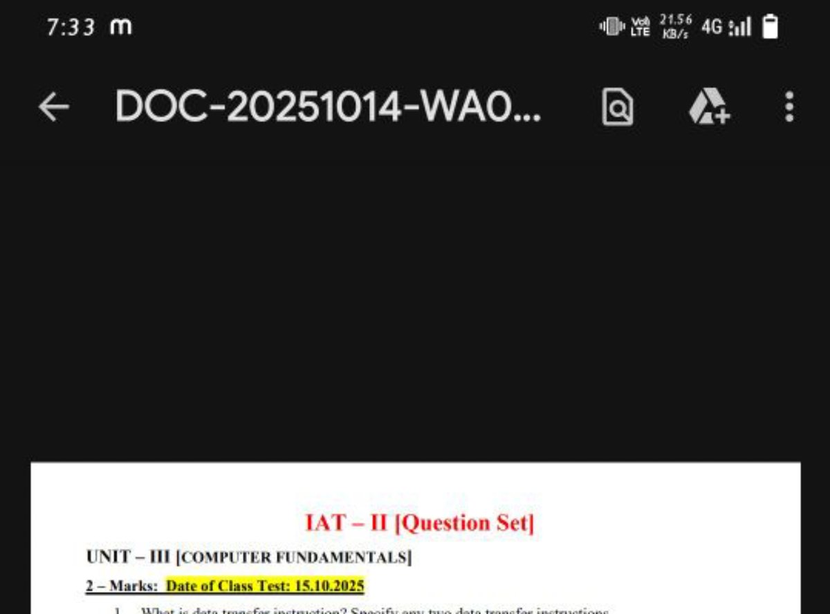 IAT - II [Question Set] UNIT - III [COMPUTER FUNDAMENTALS] 2-Marks: Dat..