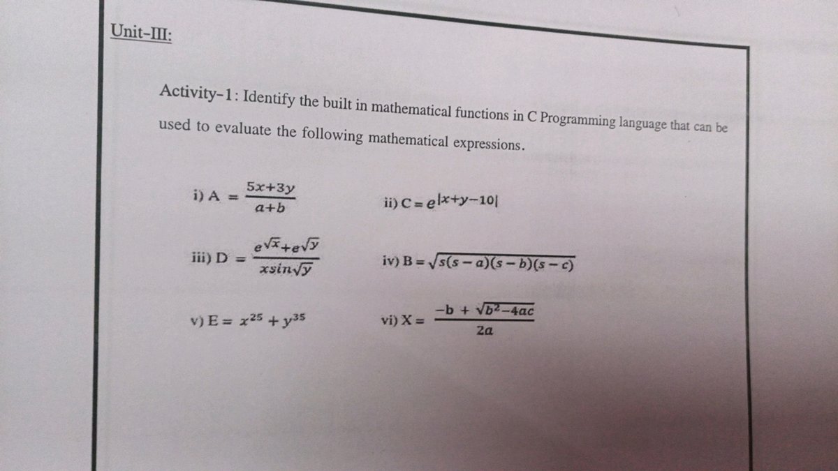 Unit-III: Activity-1: Identify the built in mathematical functions in C