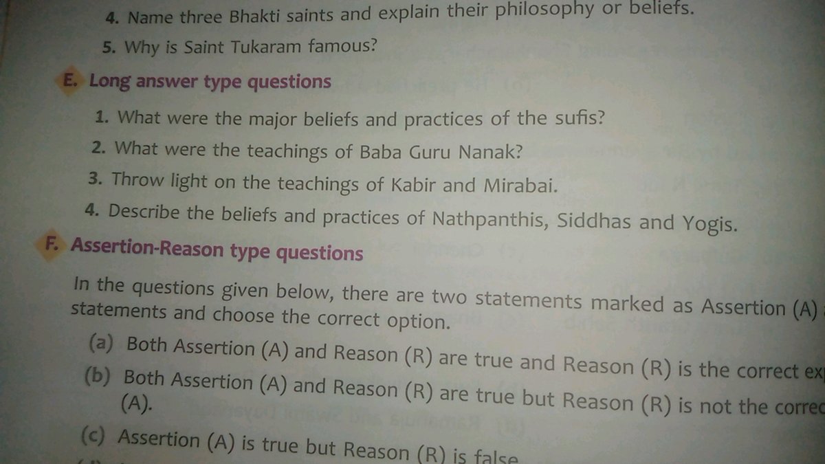 E. Long answer type questions What were the major beliefs and practices o..