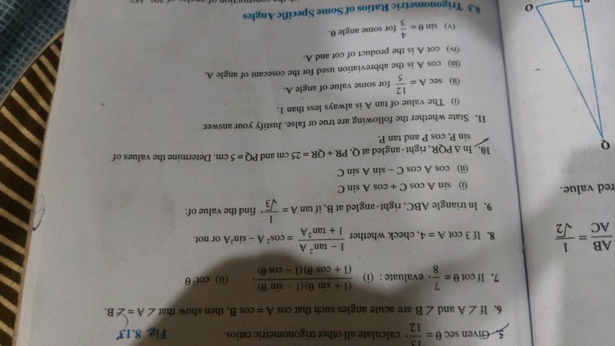 Here are multiple questions related to Trigonometric Ratios: 5. Given se..