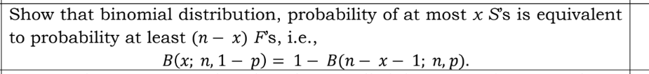 Show that binomial distribution, probability of at most x S's is equivale..