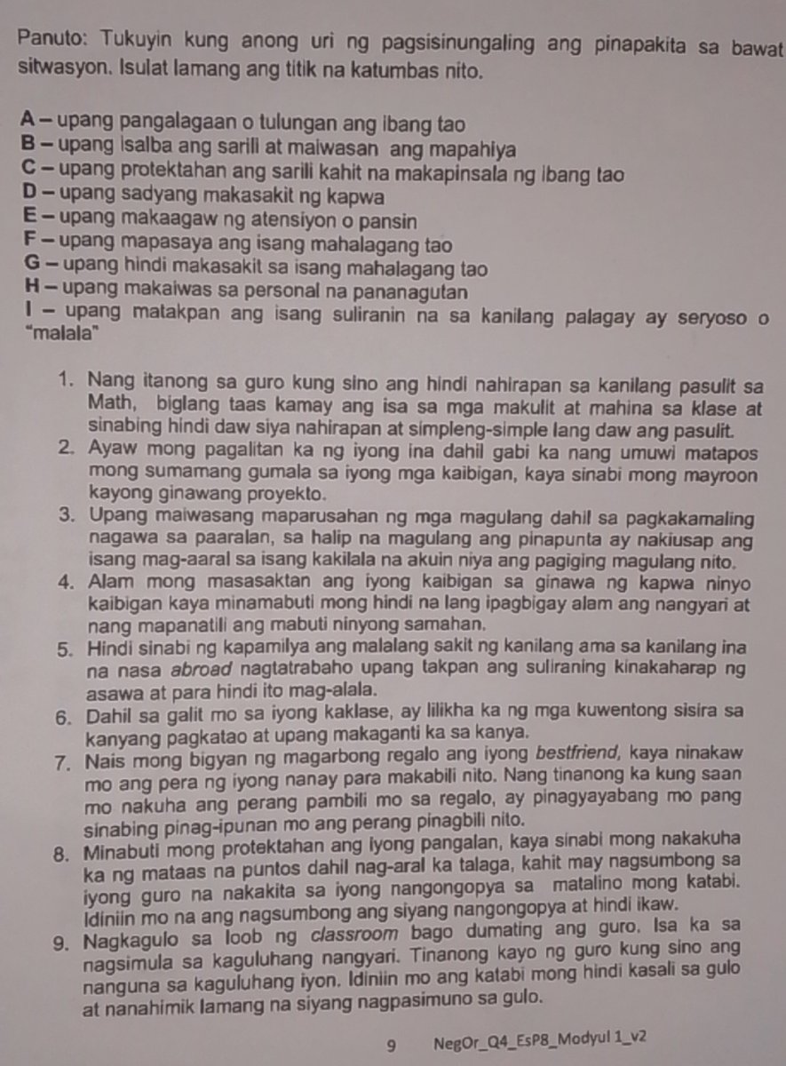 Panuto: Tukuyin kung anong uri ng pagsisinungaling ang pinapakita sa bawa..