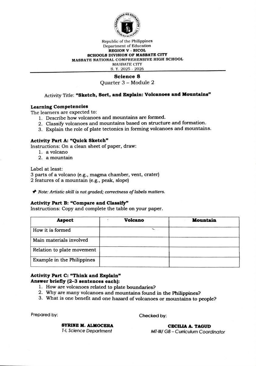 Activity Title: "Sketch, Sort, and Explain: Volcanoes and Mountains" Lea..