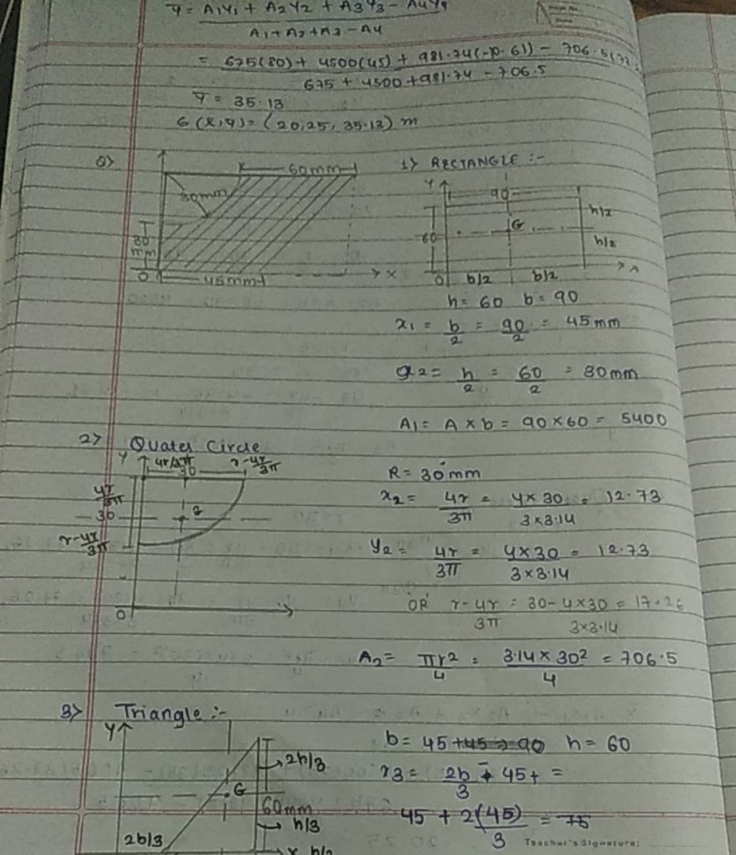 The image shows calculations for finding the centroid of a composite shap..