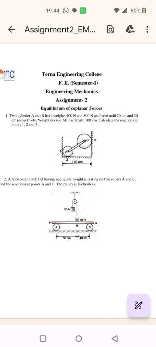 Terna Engineering College F. E. (Semester-I) Engineering Mechanics Assign..
