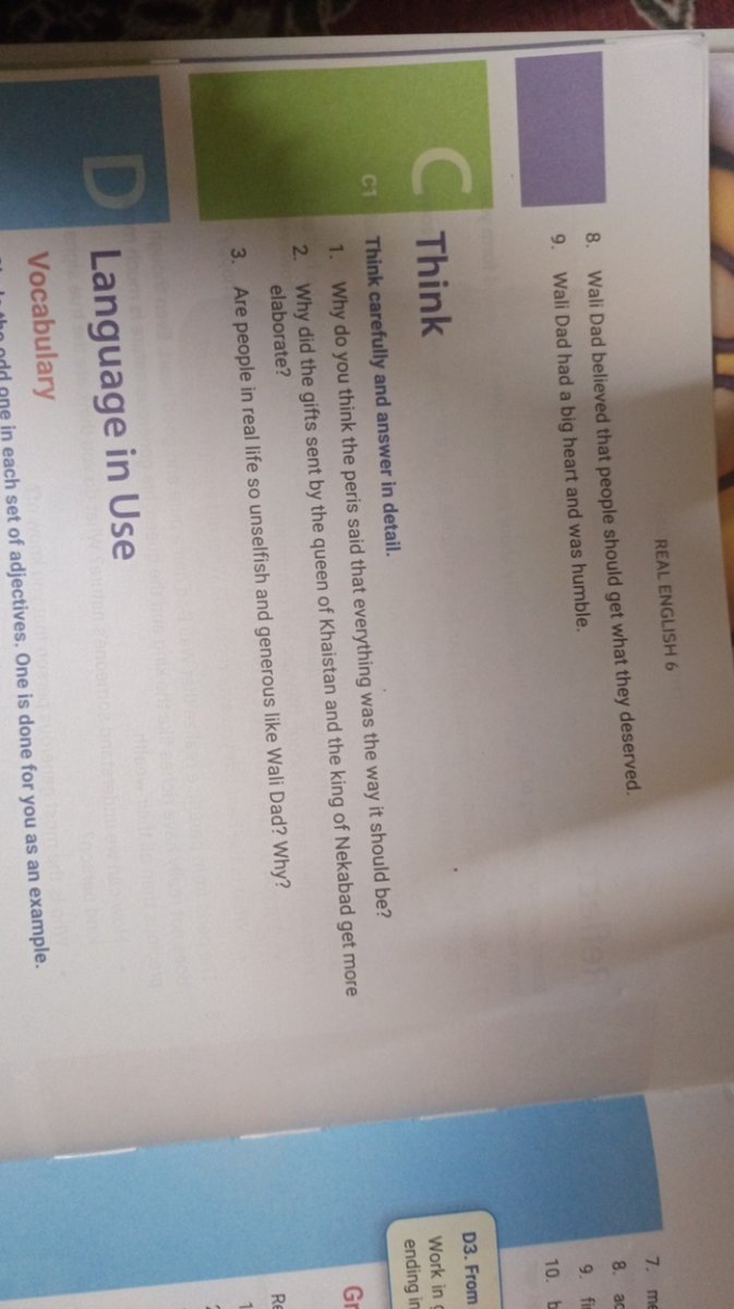 Here are some questions from "REAL ENGLISH 6": C Think Think carefully a..