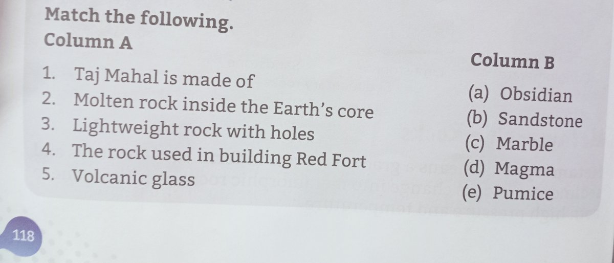 Match the following. Column A Taj Mahal is made of Molten rock inside th..