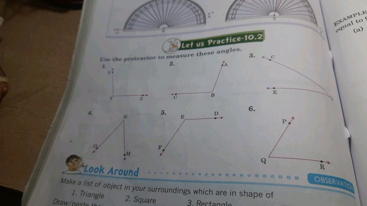 Use the protractor to measure these angles. Diagram of an angle with ver..