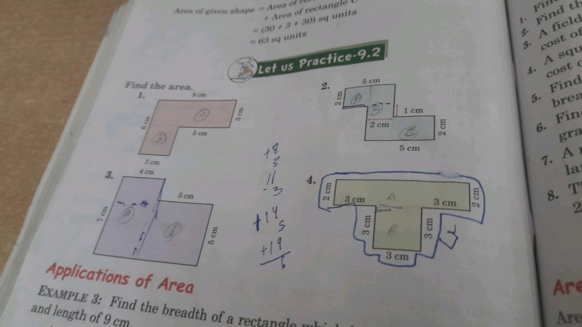 Find the area of the given shapes: (Diagram of an L-shaped figure with d..