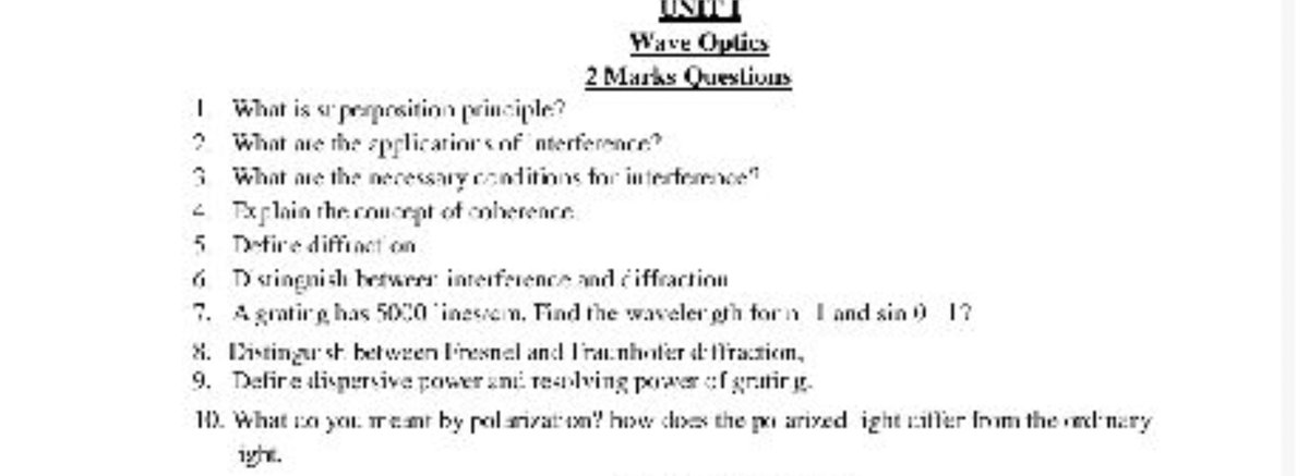 UNIT I Wave Optics 2 Marks Questions What is superposition principle? Wh..