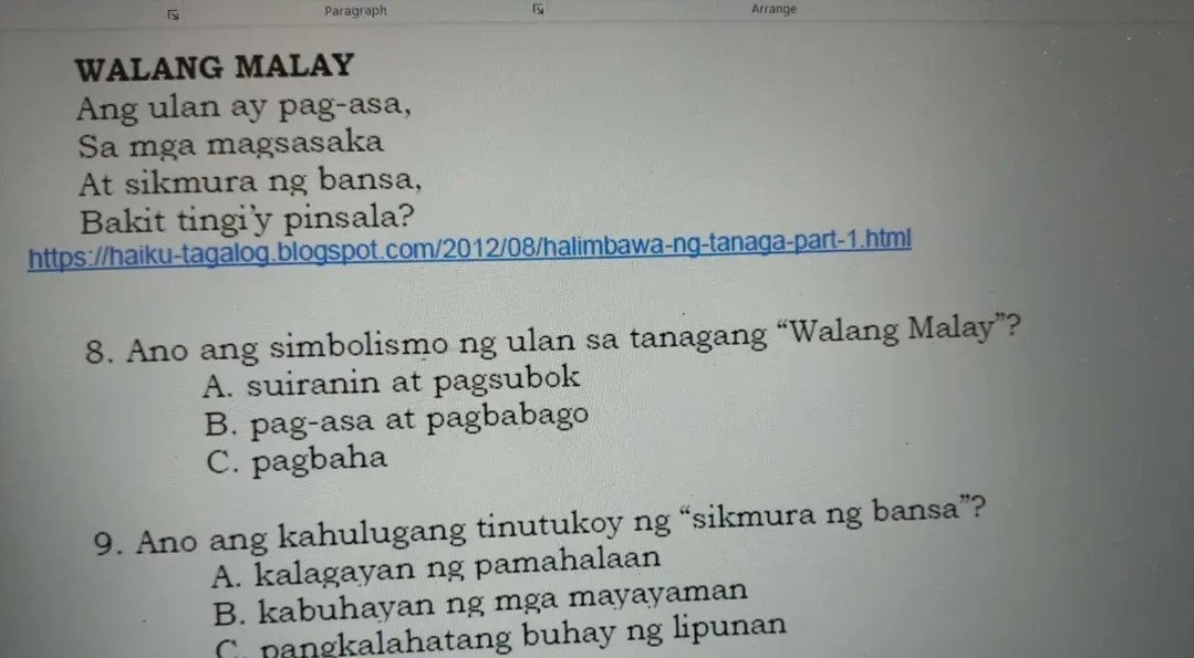 WALANG MALAY Ang ulan ay pag-asa, Sa mga magsasaka At sikmura ng bansa, B..
