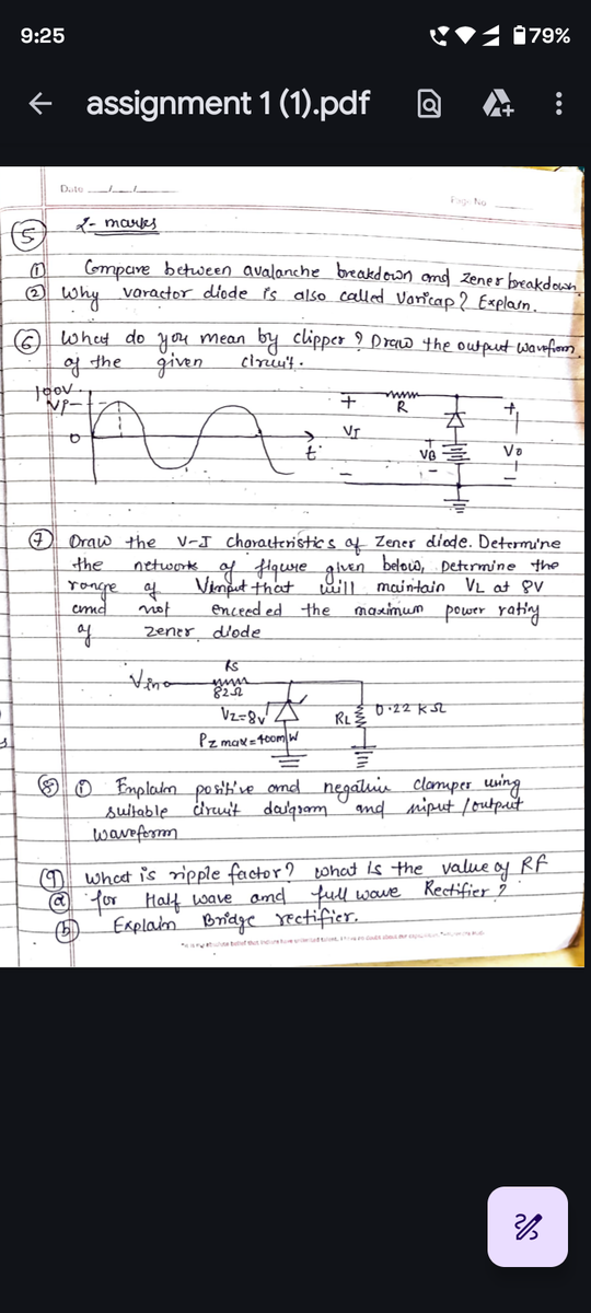 Here are the questions: 5. Compare between avalanche breakdown and zener..