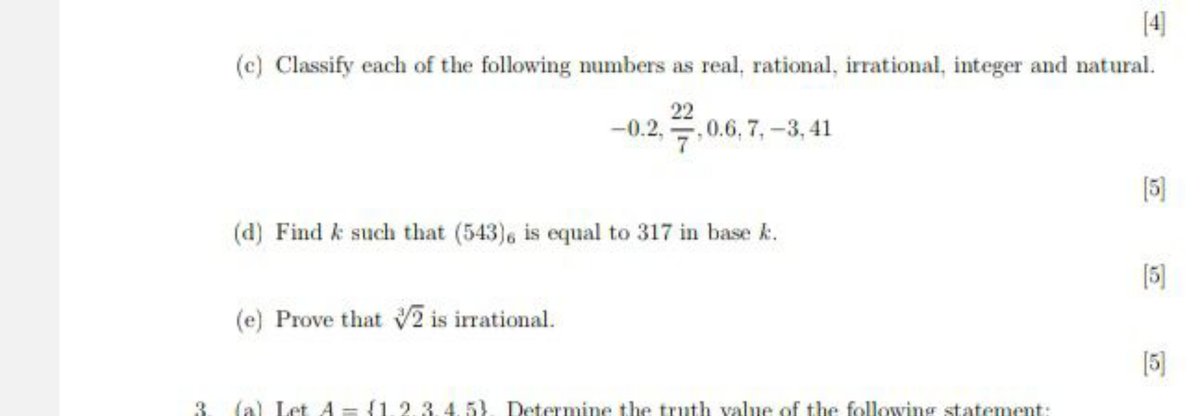 (c) Classify each of the following numbers as real, rational, irrational,..