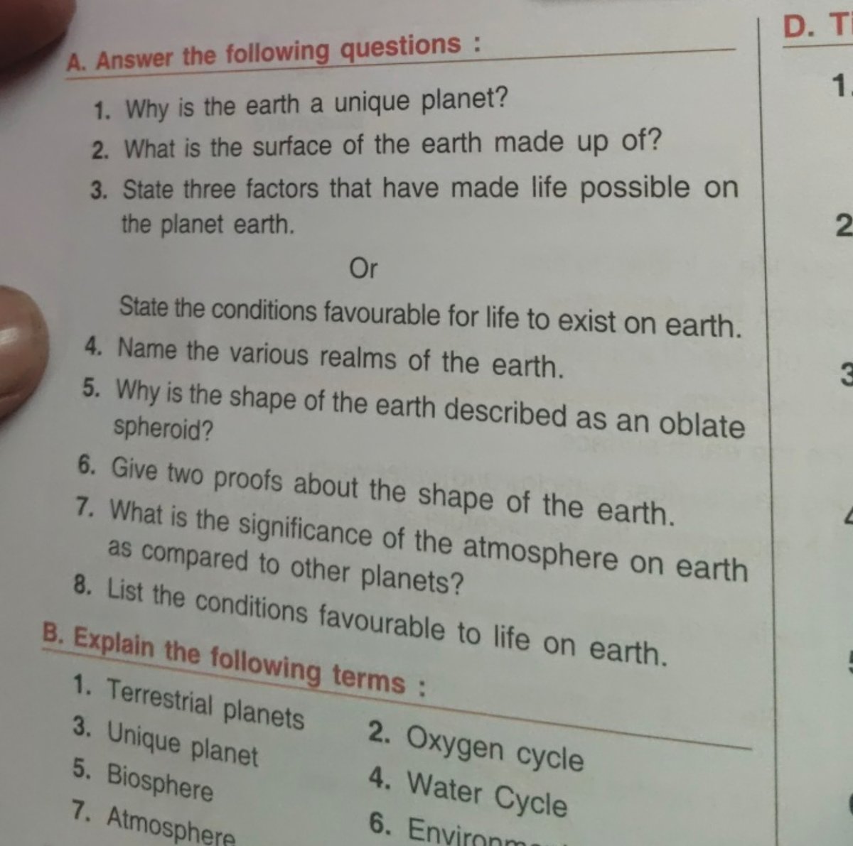 A. Answer the following questions: Why is the earth a unique planet? What..