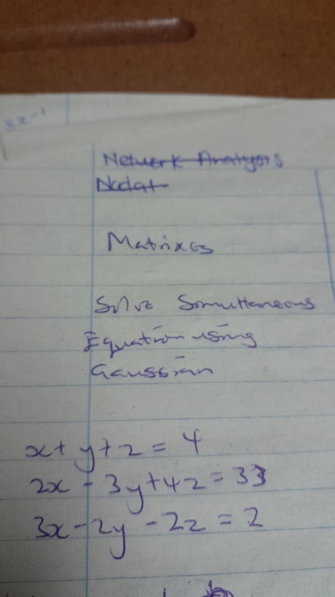 Solve the simultaneous equations using Gaussian elimination: x + y + z