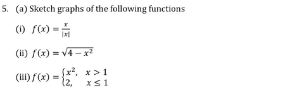 (a) Sketch graphs of the following functions (i) f(x) = \frac{x}{|x|}