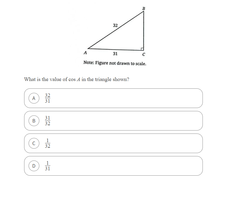 What is the value of \cos A in the triangle shown? Note: Figure not draw..