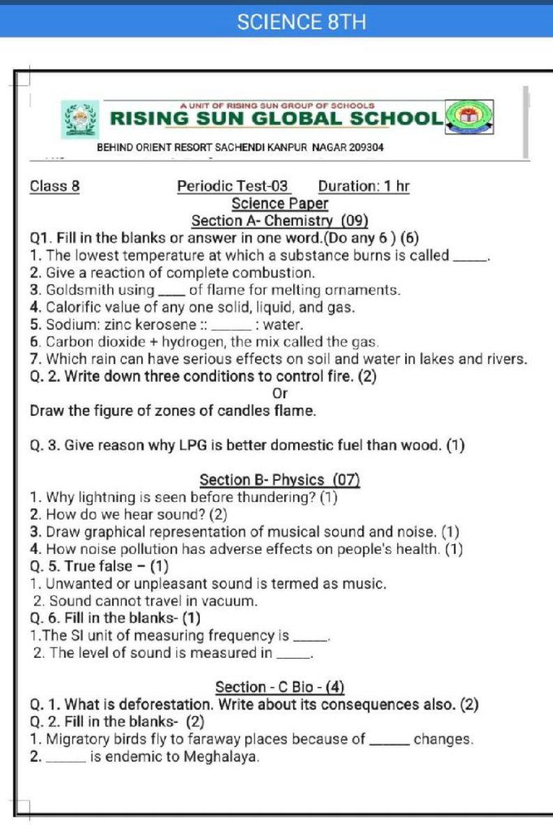 SCIENCE 8TH Periodic Test-03 Duration: 1 hr Science Paper Section A- Ch..
