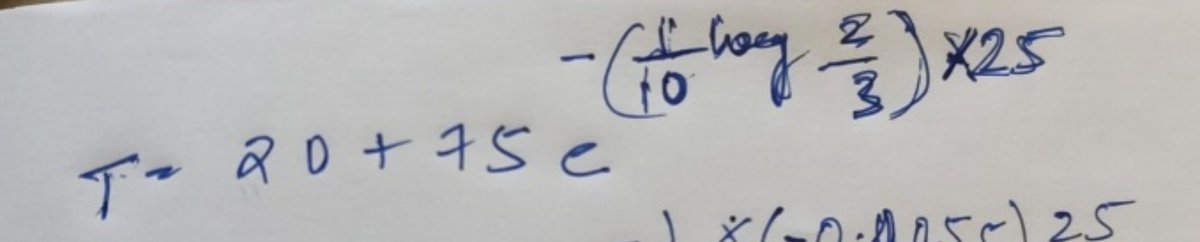 The image shows the following mathematical expression: T = 20 + 75e^{-\l..
