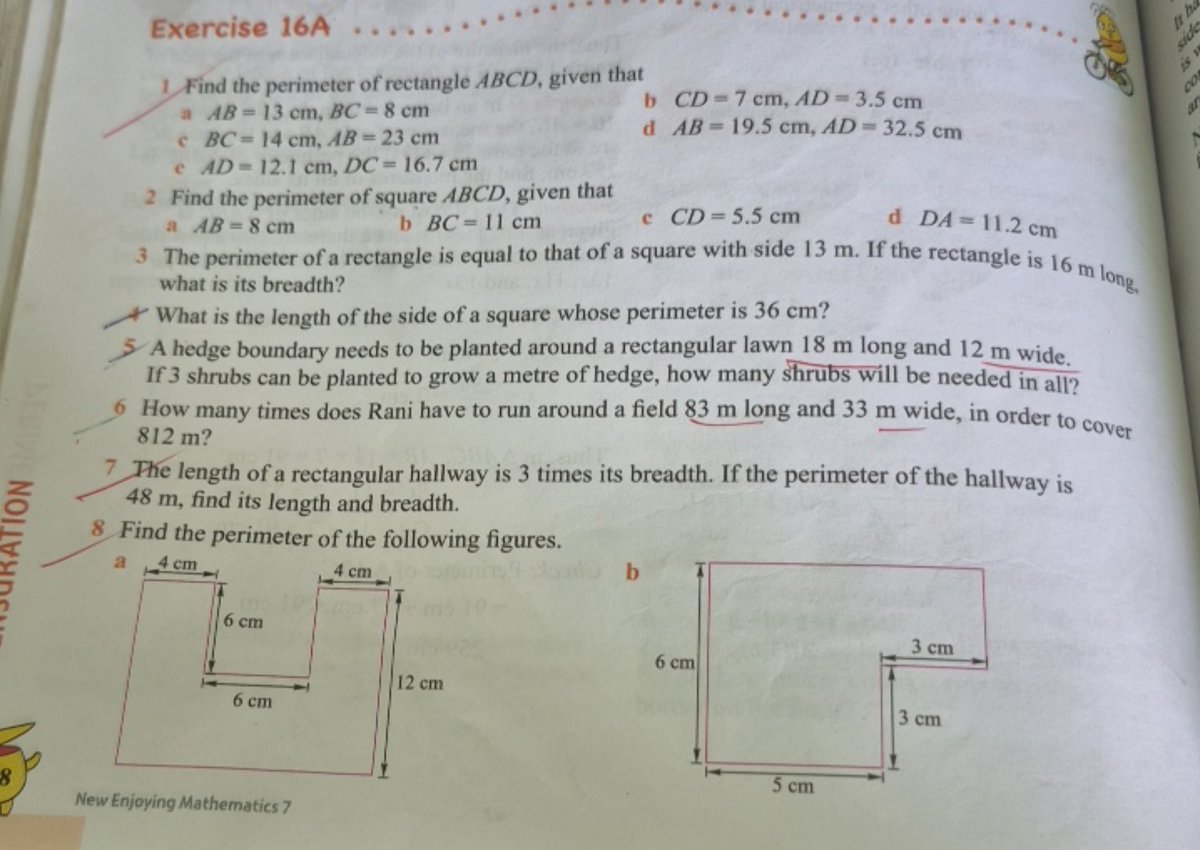 Here are the questions: Exercise 16A Find the perimeter of rectangle AB..