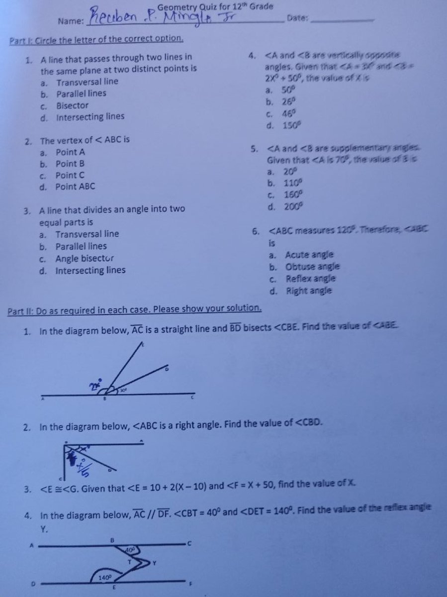 Geometry Quiz for 12th Grade Part I: Circle the letter of the correct op..