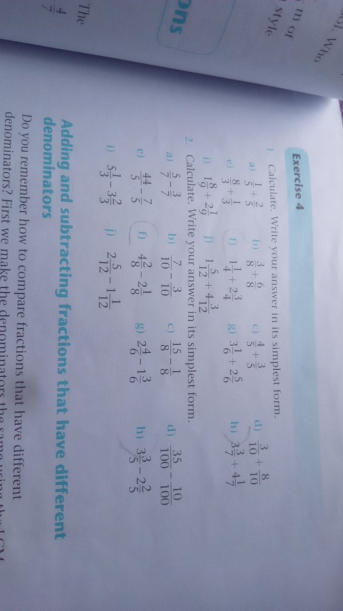 Exercise 4 Calculate. Write your answer in its simplest form. a) \fra..