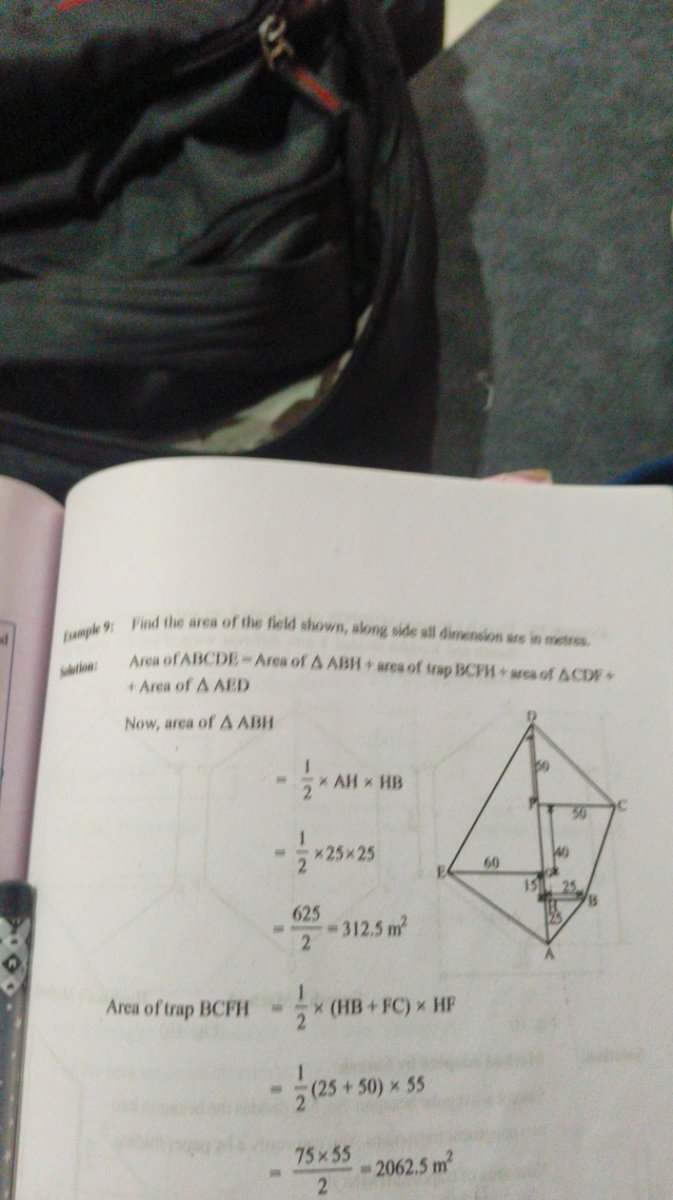 Find the area of the field shown, alongside all dimensions are in metres...