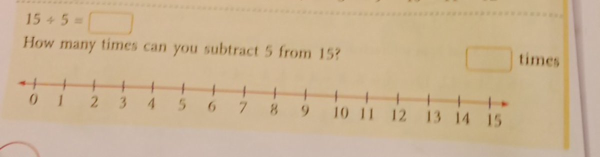 15 ÷ 5 = __ How many times can you subtract 5 from 15? [Image of a numbe..