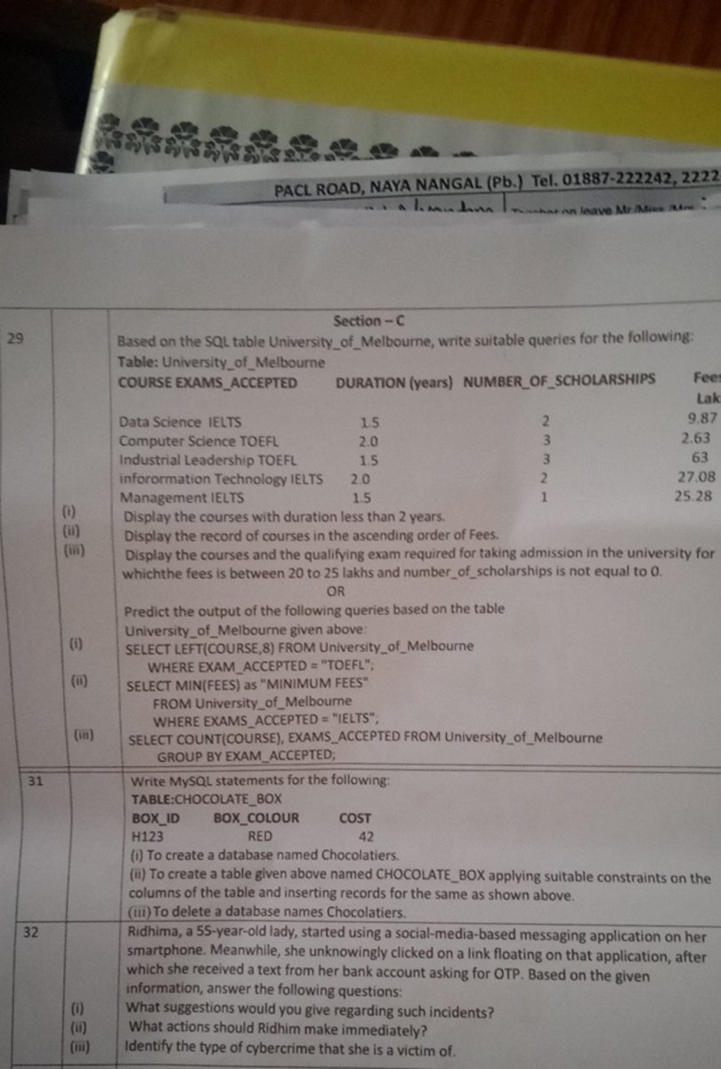 Section - C 29. Based on the SQL table University_of_Melbourne, write su..