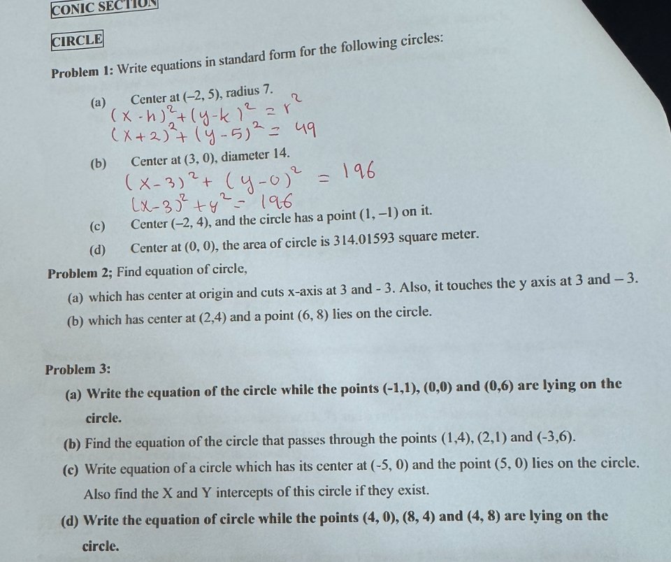 CONIC SECTION CIRCLE Problem 1: Write equations in standard form for th..