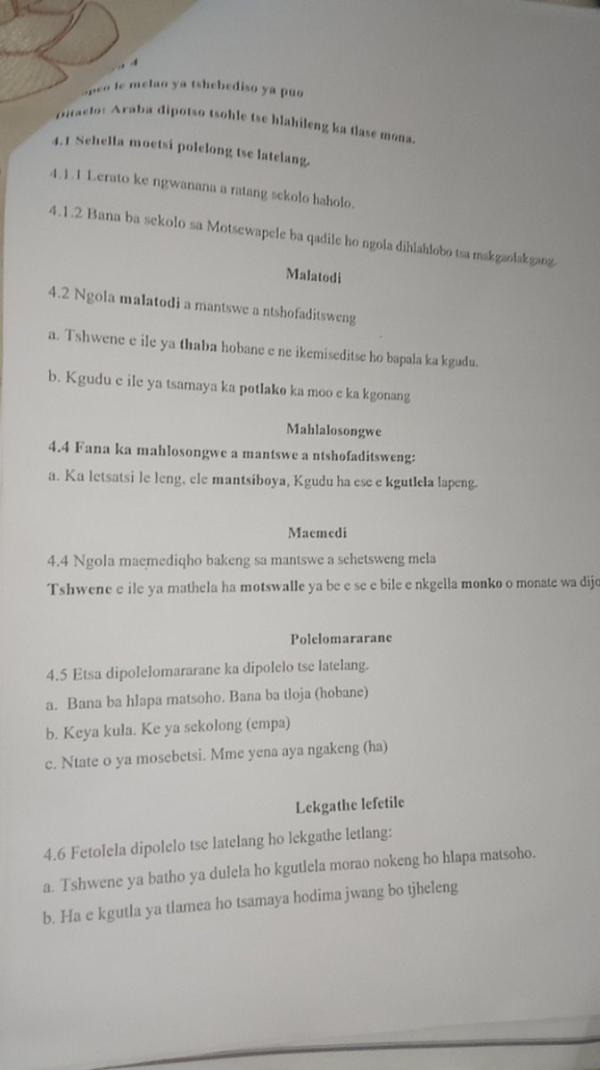 Here are the questions: 4.1 Schella moetsi polelong tse latelang. 4.1..