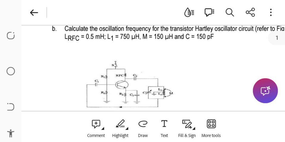 Calculate the oscillation frequency for the transistor Hartley oscillator..
