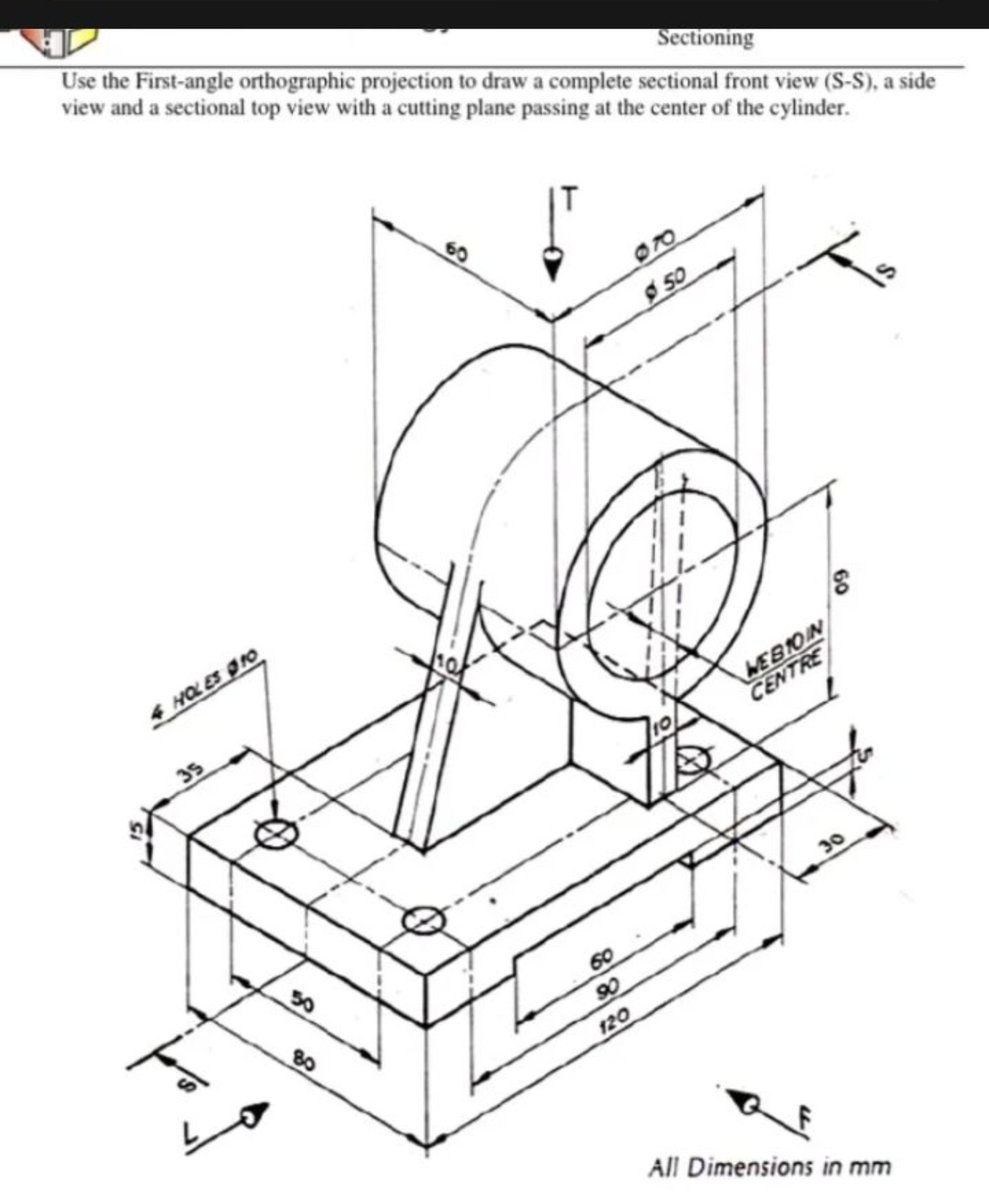 Use the First-angle orthographic projection to draw a complete sectional