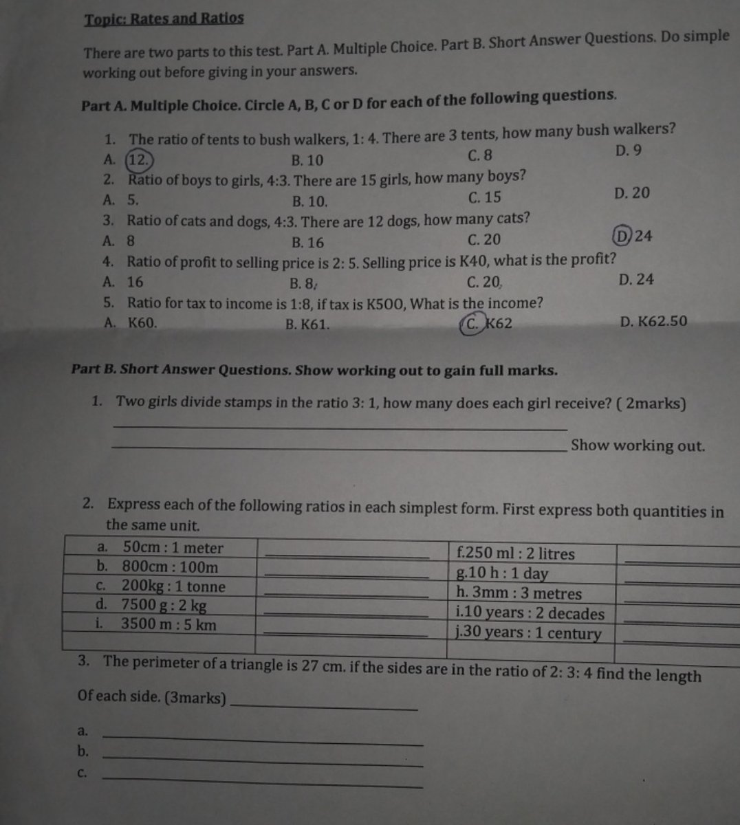 Topic: Rates and Ratios There are two parts to this test. Part A. Multip..