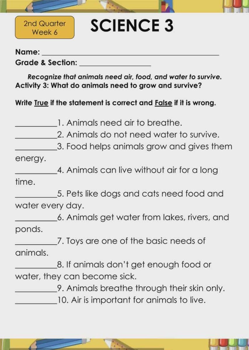 Recognize that animals need air, food, and water to survive. Activity 3: