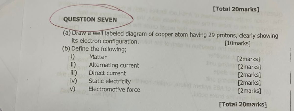 QUESTION SEVEN (a) Draw a well labeled diagram of copper atom having 29