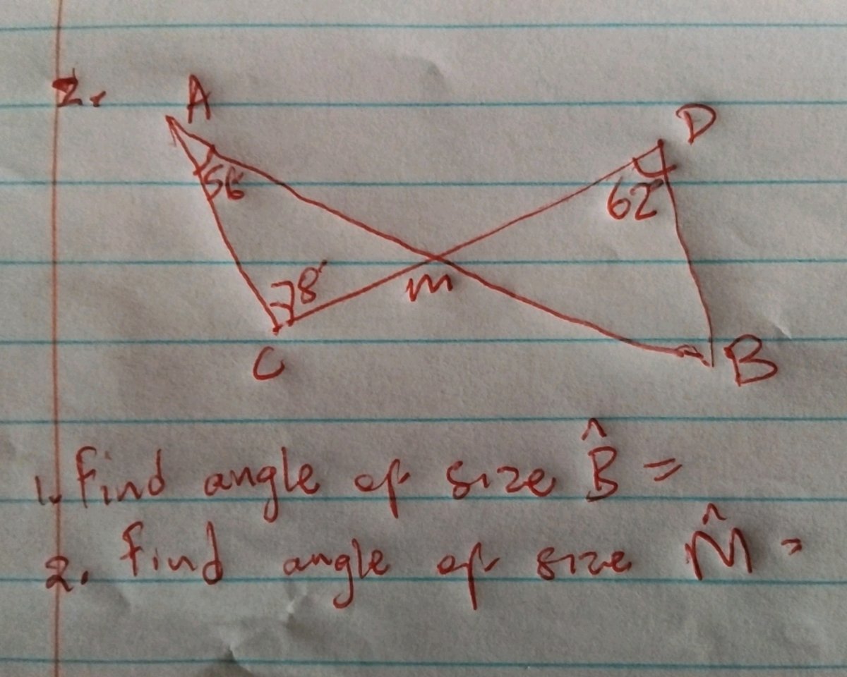 Given the diagram with two intersecting lines forming two triangles, with..