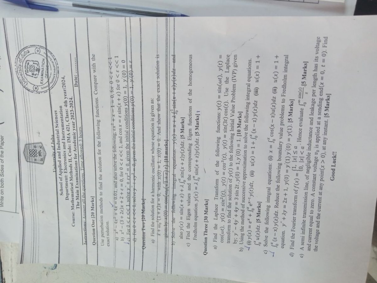 Question One [20 Marks] Use perturbation methods to find the solution for..