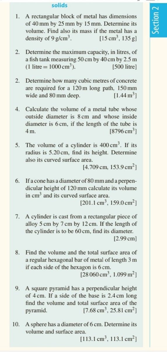 Here are 10 problems related to calculating volumes and surface areas of