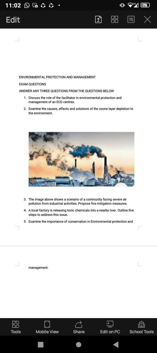 ENVIRONMENTAL PROTECTION AND MANAGEMENT EXAM QUESTIONS ANSWER ANY THREE Q..